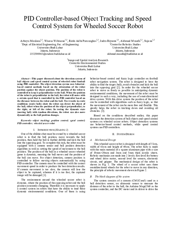 (PDF) PID Controller-based Object Tracking and Speed Control System for Wheeled Soccer Robot
