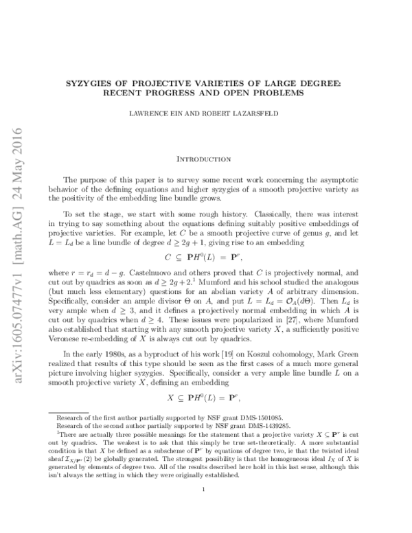 (PDF) Syzygies of projective varieties of large degree: Recent progress and open problems