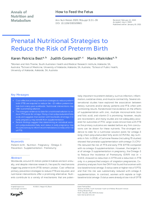 (PDF) Prenatal Nutritional Strategies to Reduce the Risk of Preterm Birth