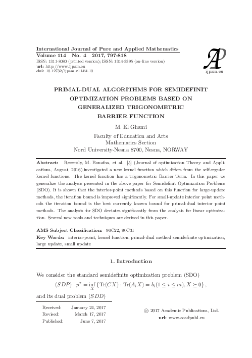 Pdf Primal Dual Algorithms For Semidefinit Optimization Problems Based On Generalized