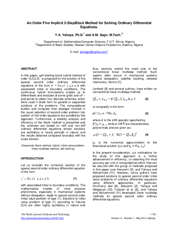 Pdf An Order Five Implicit 3 Stepblock Method For Solving Ordinary Differential Equations