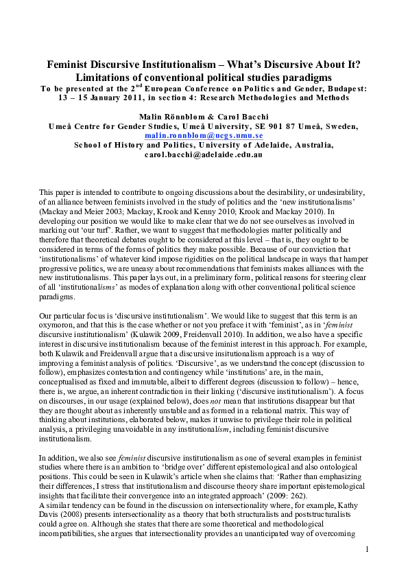(PDF) Feminist Discursive Institutionalism – What ’ s Discursive About ...