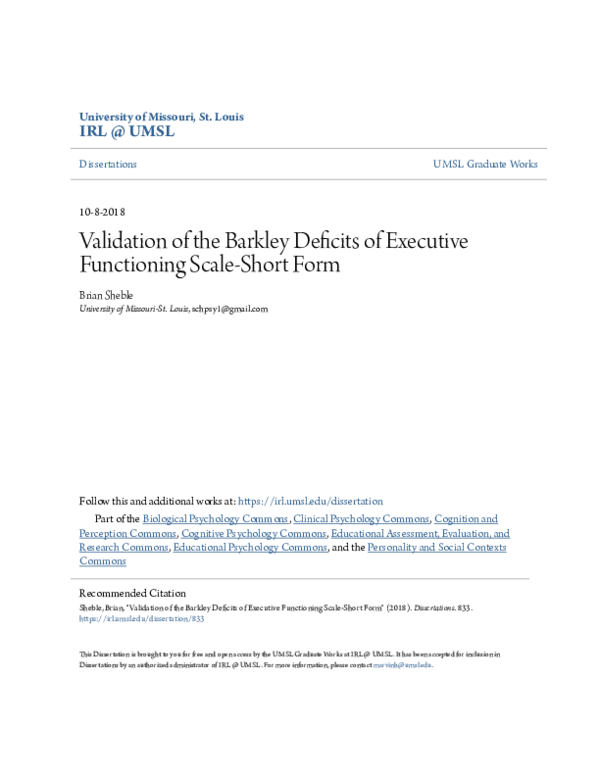 (PDF) Validation of the Barkley Deficits of Executive Functioning Scale-Short Form