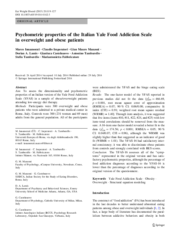 (PDF) Psychometric properties of the Italian Yale Food Addiction Scale ...