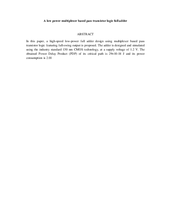Pdf A Low Power Multiplexer Based Pass Transistor Logic Full Adder Dr Veeraiyah Thangasamy