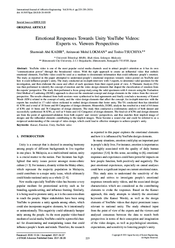 (PDF) Emotional Responses Towards Unity YouTube Videos: Experts vs ...