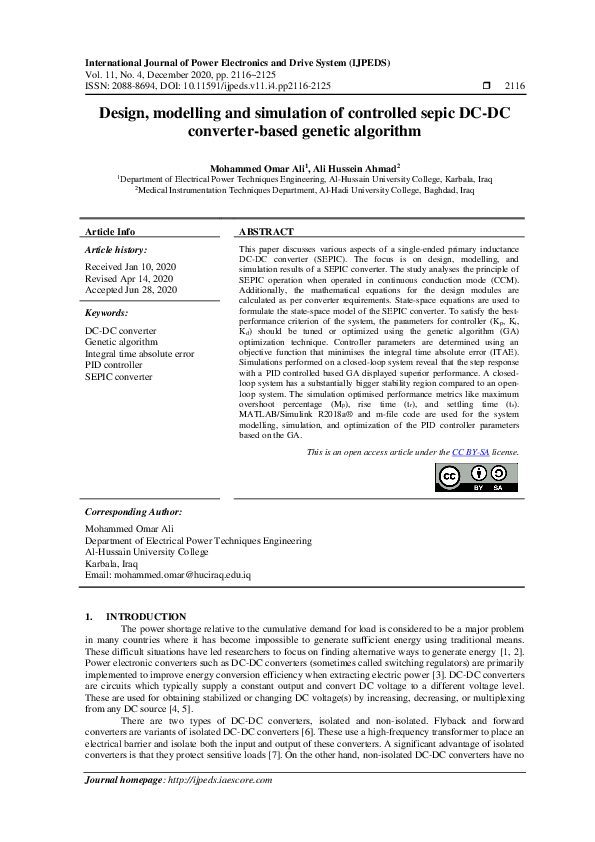 Pdf Design Modelling And Simulation Of Controlled Sepic Dc Dc Converter Based Genetic Algorithm