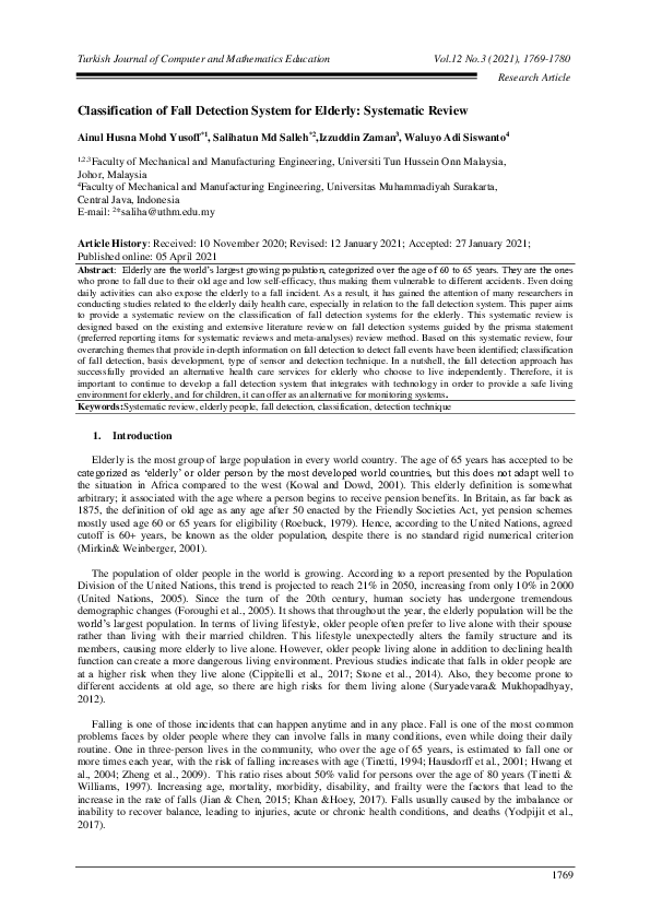 Pdf Classification Of Fall Detection System For Elderly Systematic Review