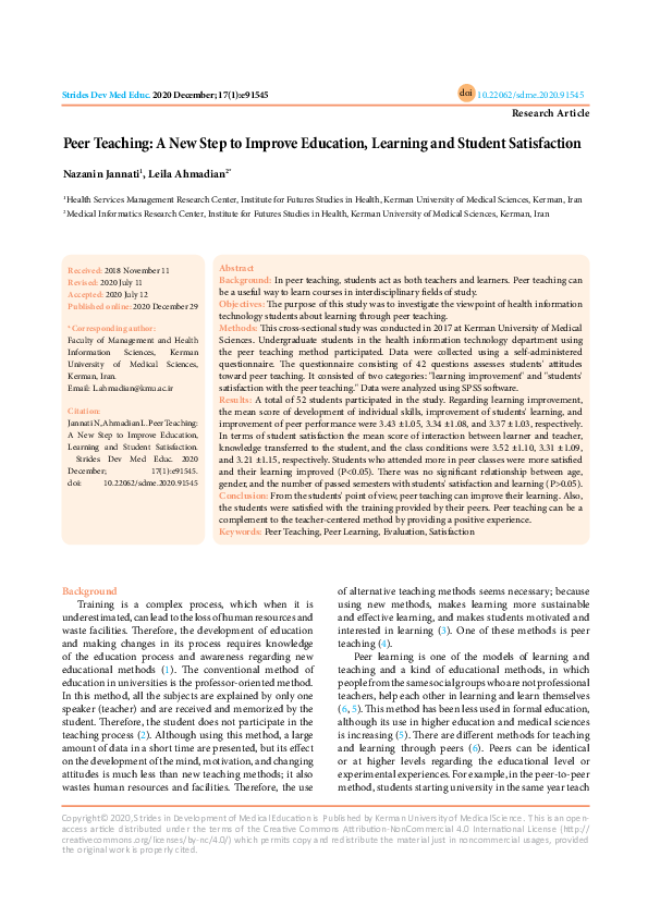 (PDF) Peer Teaching: A New Step to Improve Education, Learning and ...