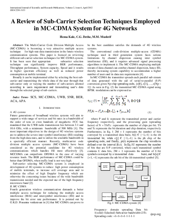 (PDF) A Review of SubCarrier Selection Techniques Employed in MC-CDMA System for 4 G Networks