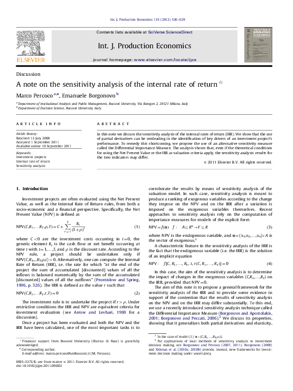 (PDF) A note on the sensitivity analysis of the internal rate of return