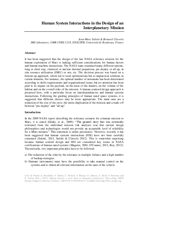 (PDF) Human System Interactions in the Design of an Interplanetary Mission