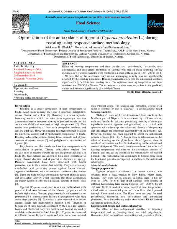 (PDF) Optimization of the antioxidants of tigernut ( Cyperus esculentus L . ) during roasting ...