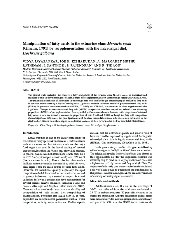 (PDF) Manipulation of fatty acids in the estuarine clam Meretrix casta ...