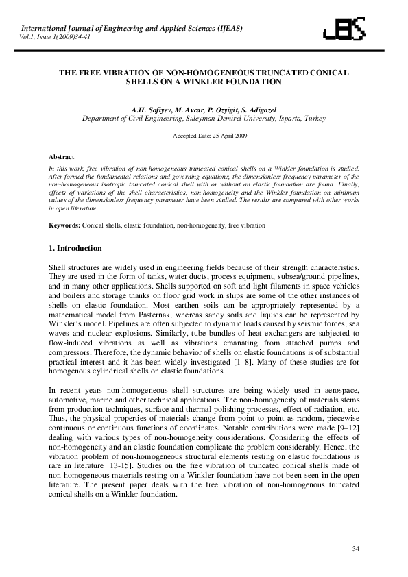 (PDF) The free vibration of Non-Homogeneous truncated conical shells on a Winkler foundation
