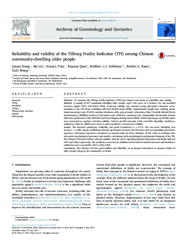 (PDF) Reliability and validity of the Tilburg Frailty Indicator (TFI) among Chinese community ...
