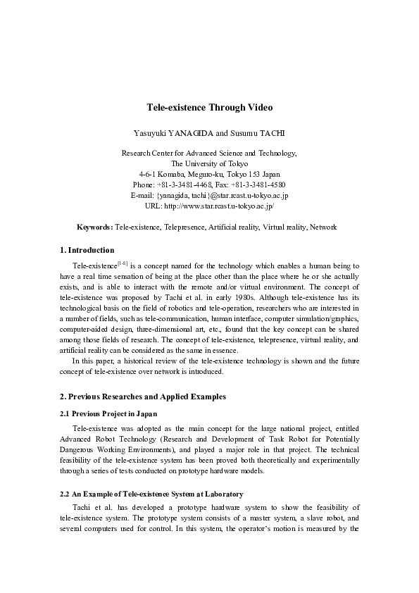 (PDF) Tele-existence Through Video