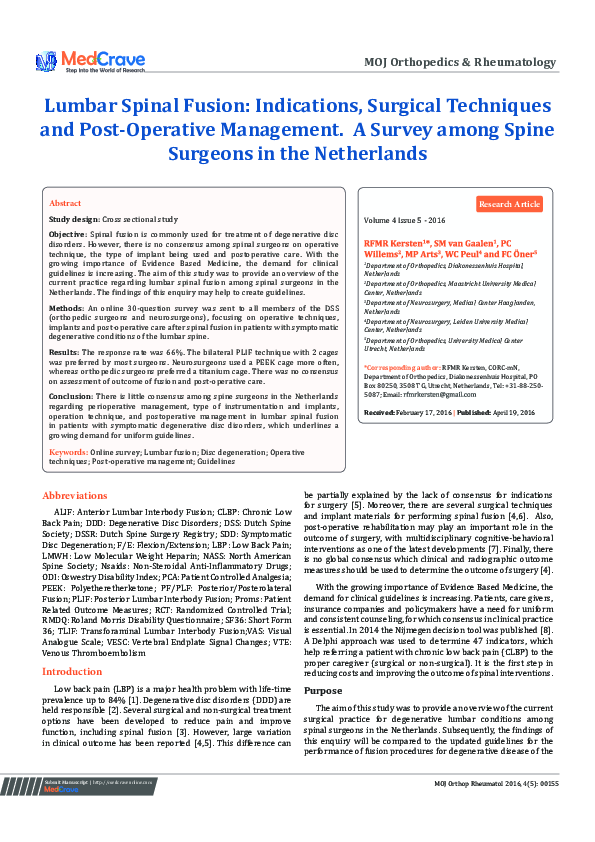 (PDF) Lumbar Spinal Fusion: Indications, Surgical Techniques and Post ...