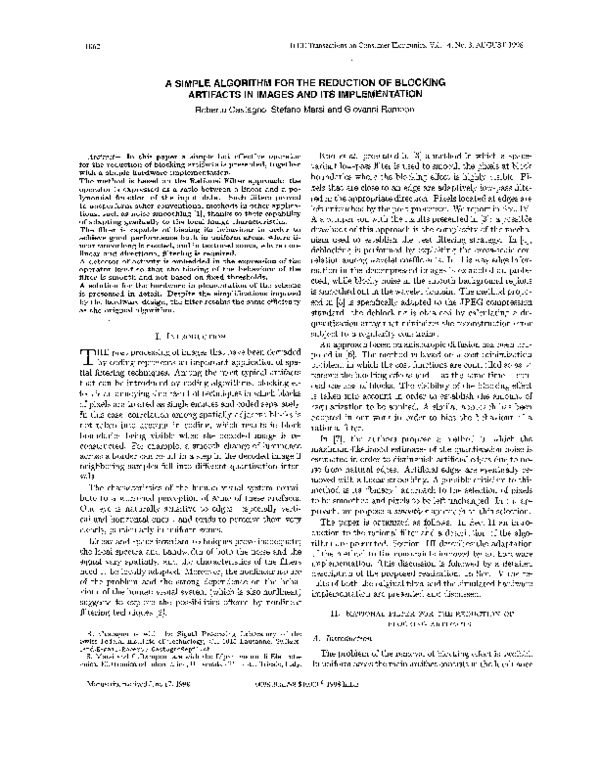 Pdf A Simple Algorithm For The Reduction Of Blocking Artifacts In Images And Its