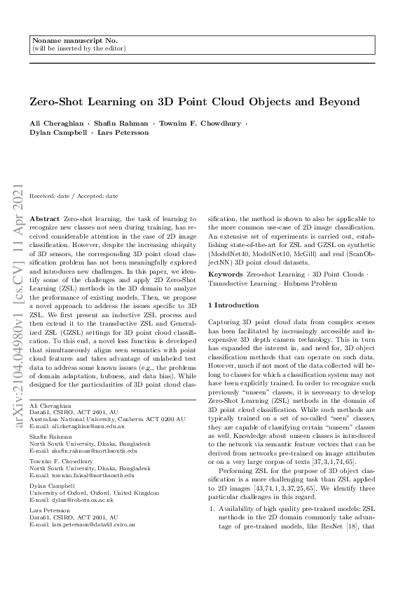 (PDF) Zero-Shot Learning on 3D Point Cloud Objects and Beyond