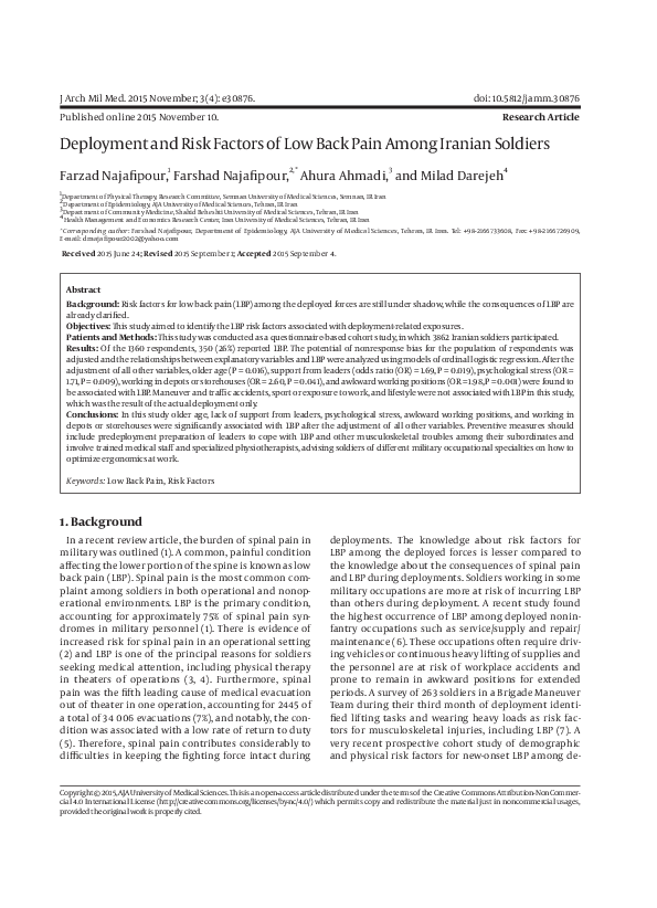 (PDF) Deployment and Risk Factors of Low Back Pain Among Iranian Soldiers