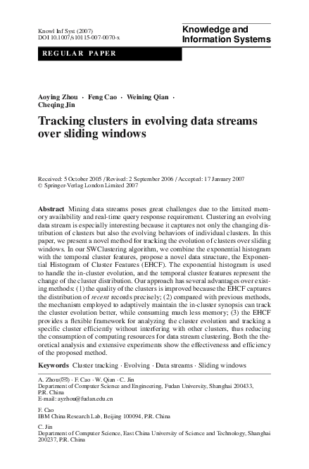 Pdf Tracking Clusters In Evolving Data Streams Over Sliding Windows Weining Qian