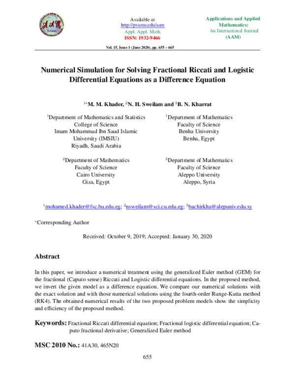 (PDF) Numerical Simulation for Solving Fractional Riccati and Logistic Differential Equations as ...