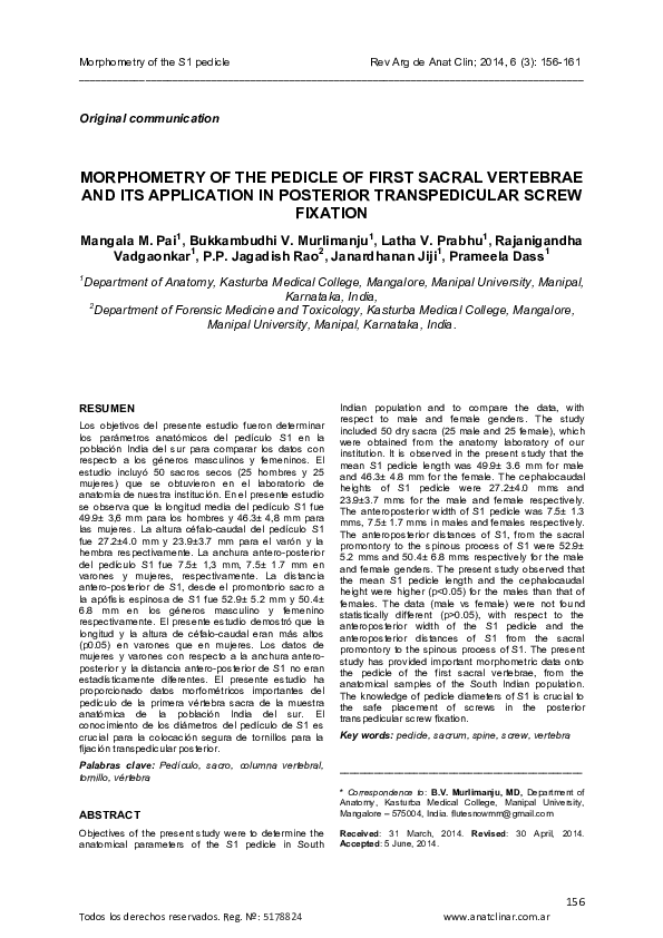 (PDF) MORPHOMETRY OF THE PEDICLE OF FIRST SACRAL VERTEBRAE AND ITS ...