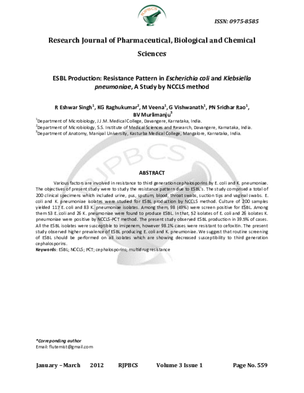 (PDF) ESBL Production: Resistance Pattern in Escherichia coli and ...