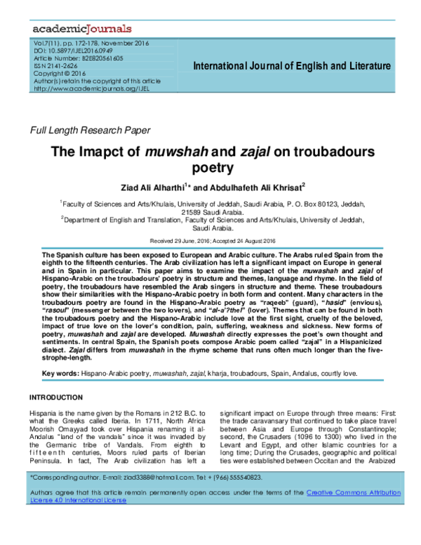 (PDF) The Imapct of muwshah and zajal on troubadours poetry