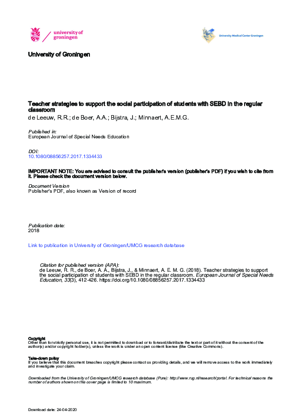 (PDF) Teacher strategies to support the social participation of ...