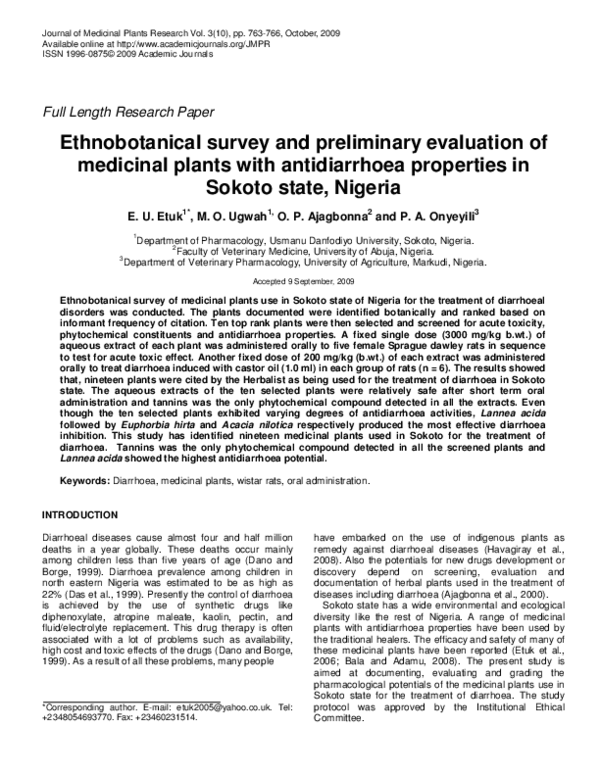 (PDF) Ethnobotanical survey and preliminary evaluation of medicinal plants with antidiarrhoea ...