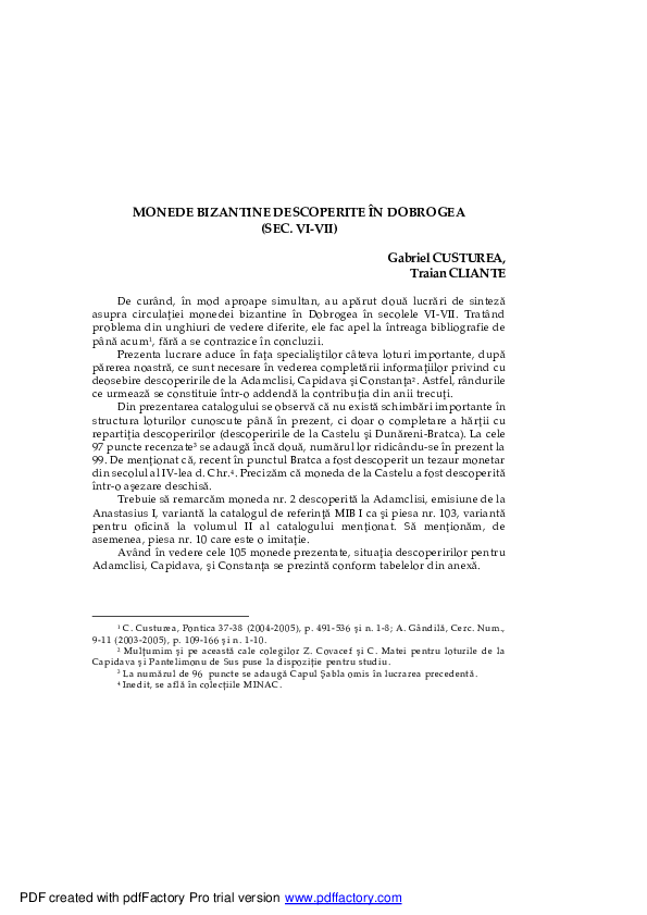 (PDF) Monede Bizantine Descoperite În Dobrogea (Sec. VI-VII)