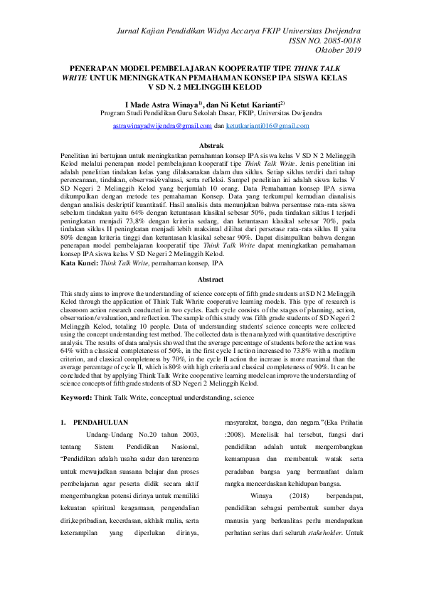 (PDF) Penerapan Model Pembelajaran Kooperatif Tipe Think Talk Write Untuk Meningkatkan Pemahaman ...