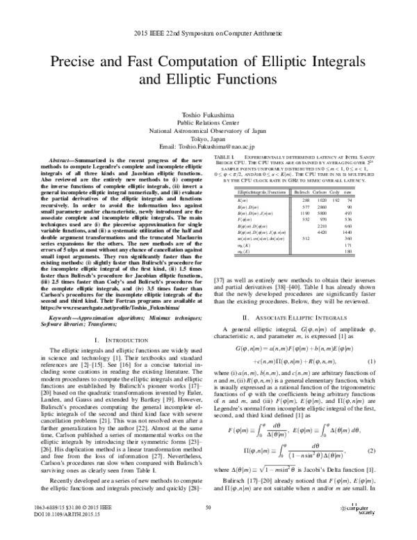 Pdf Precise And Fast Computation Of Elliptic Integrals And Elliptic Functions
