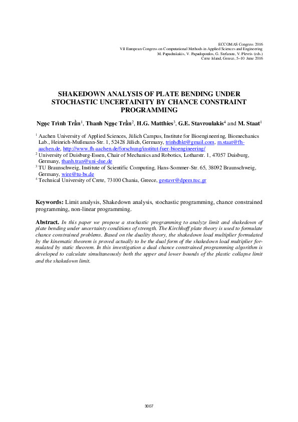 (PDF) Shakedown Analysis of Plate Bending Under Stochastic Uncertainty by Chance Constrained ...