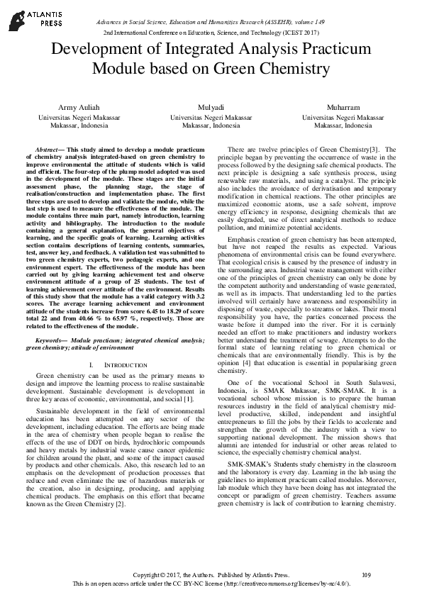 (PDF) Development of Integrated Analysis Practicum Module based on Green Chemistry