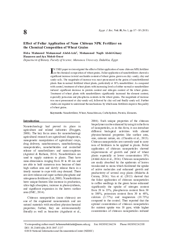 Pdf Effect Of Foliar Application Of Nano Chitosan Npk Fertilizer On