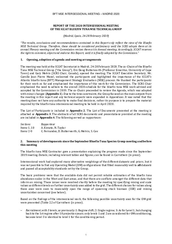 (PDF) Report of the 2020 Intersessional Meeting of the Iccat Bluefin Tuna Mse Technical Group
