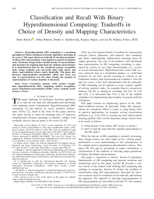 (PDF) Classification and Recall With Binary Hyperdimensional Computing: Tradeoffs in Choice of ...