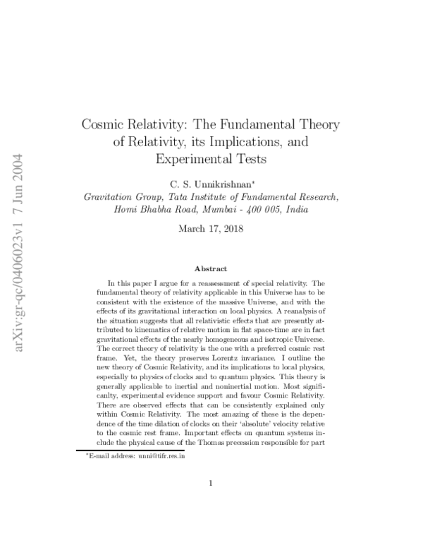 (PDF) Cosmic Relativity: The Fundamental Theory of Relativity, its ...