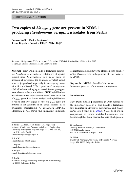 (PDF) Two copies of bla NDM-1 gene are present in NDM-1 producing ...