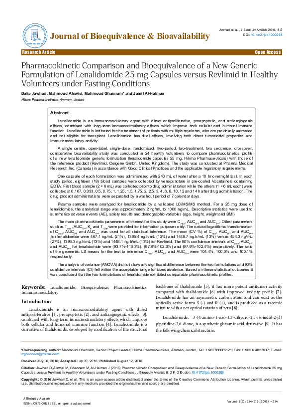 (PDF) Pharmacokinetic Comparison and Bioequivalence of a New ...