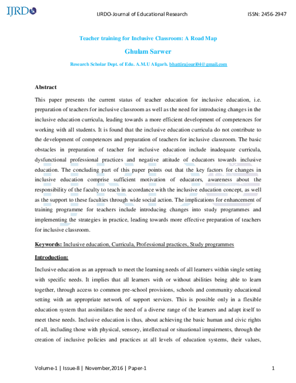 (PDF) Teacher training for Inclusive Classroom: A Road Map