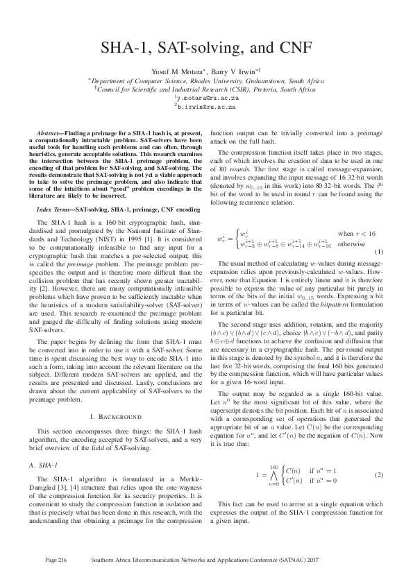 (PDF) SHA-1, SAT-solving, and CNF