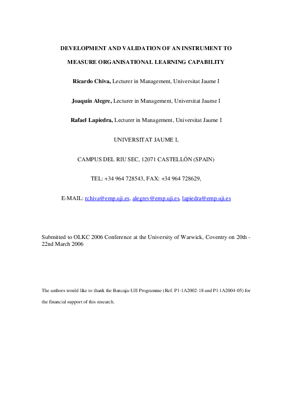(PDF) Development and Validation of an Instrument to Measure Organisational Learning Capability
