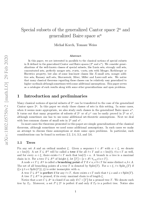(PDF) Special subsets of the generalized Cantor space and generalized Baire space