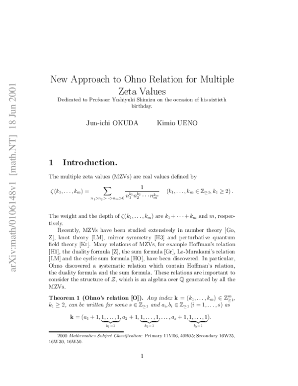 (PDF) New Approach to Ohno Relation for Multiple Zeta Values