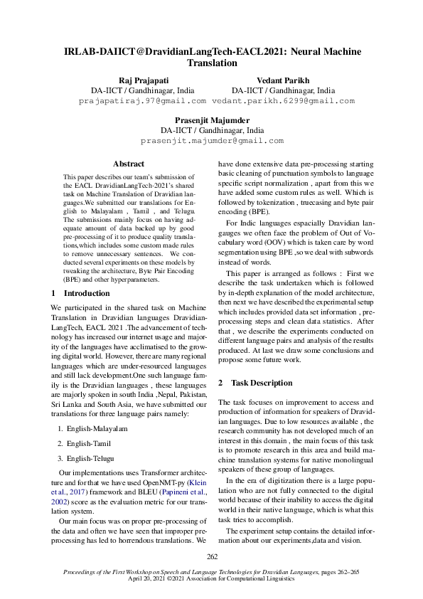 (PDF) IRLAB-DAIICT@DravidianLangTech-EACL2021: Neural Machine Translation