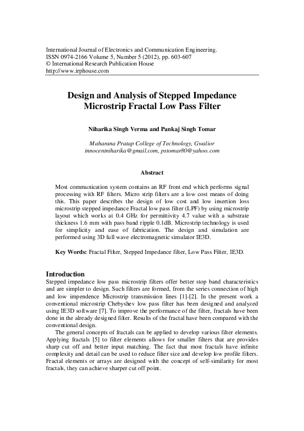 (PDF) Design and Analysis of Stepped Impedance Microstrip Fractal Low Pass Filter